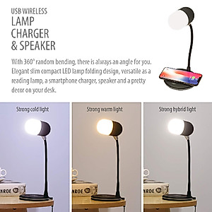 Led desk lamp with QI wireless smart charger. Home office bedside table night light lamp. Bluetooth connected speaker. 3 lighting color changing modes and touch control. Nightlight lamps for bedrooms.