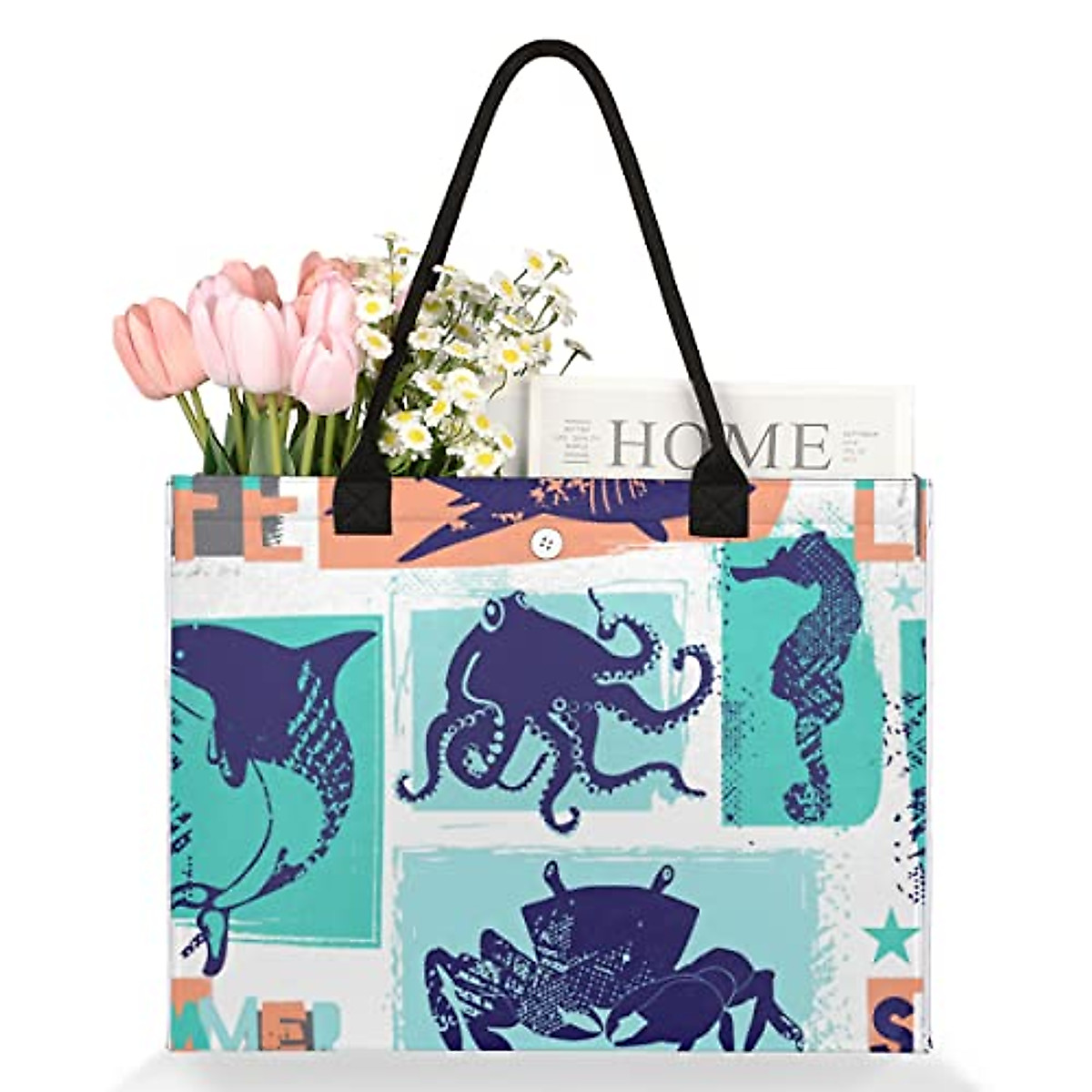 Dolphin Crab Reusable Grocery Shopping Bag with Hard Bottom, Ocean Animal Printing Large Foldable Multipurpose Heavy Duty Tote with Zipper Pockets, Stands Upright, Durable and Eco Friendly, Beach Bag