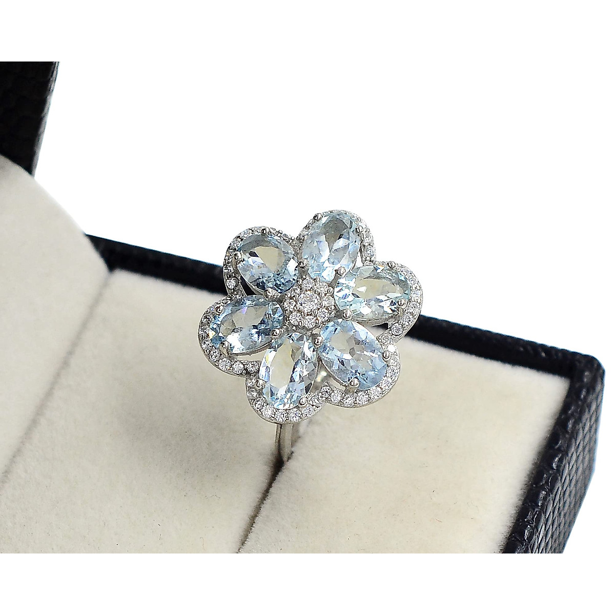 March Birthstone Natural 7X5 MM Oval Cut Aquamarine & Small White Topaz Gemstone 925 Sterling Silver Cluster Ring Wedding Jewelry Women Ring Gift For Her (Rhodium Plated Silver, 7)