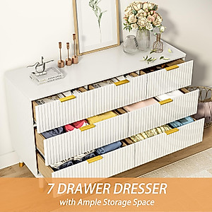 Tradare White Dresser for Bedroom, 7 Drawer Dresser with Gold Metal Handles, Wood Modern Dresser for Bedroom