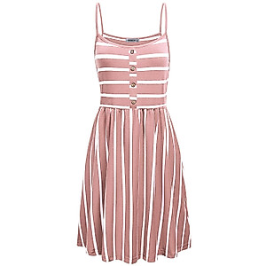 MOQIVGI Country Dresses for Women,Stripe Patchwork Comfy Simple Basic Pleated Crew Neck Strappy Dress Ladies Short Flowy Button Down Sundresses Pink White Large