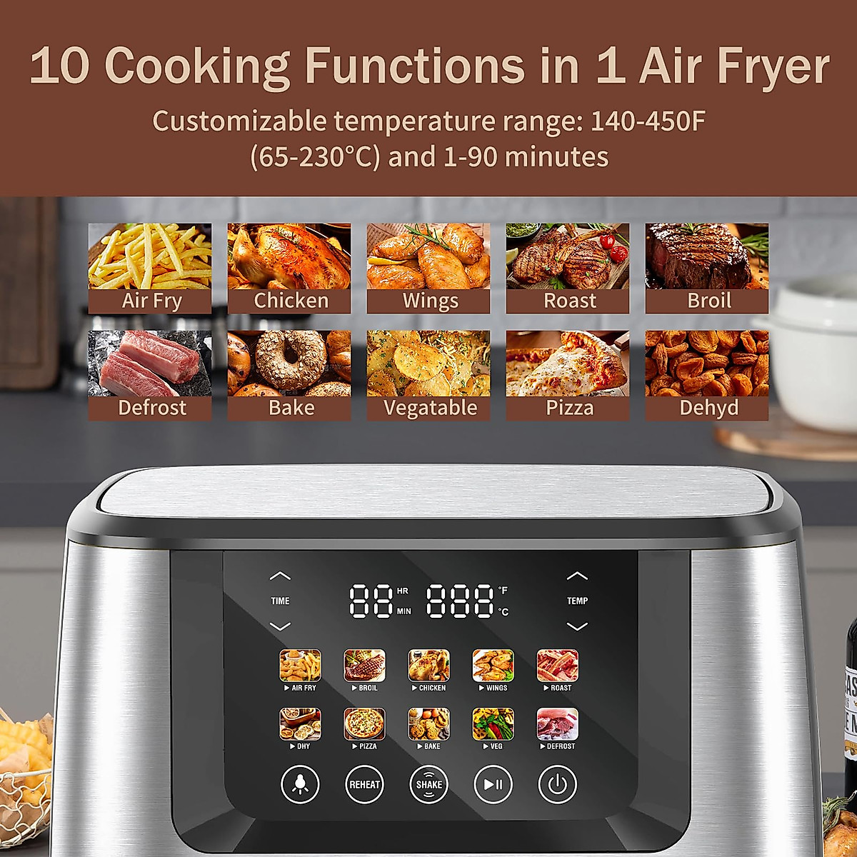 SEEDEEM Max XL Air Fryer, 8 Quart, 10-in-1 Hot Air Fryer Oven with Color LCD Display Touchscreen, Air Fryer Toaster Oven Combo with ClearCook Cooking Window,Broil, Roast, Dehydrate, Bake, Silver