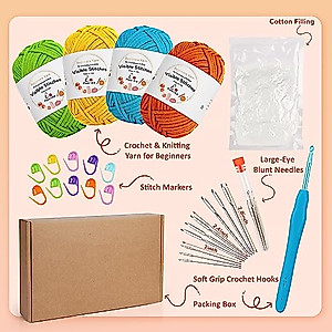 Beginner Yarn for Crocheting and Knitting, Aeelike 350 Yards (4x50g) Soft Cotton-Nylon Blend Easy-to-Use Yarn for Newbie, 26pcs Knitting & Crochet Supplies for Learning to Crochet Animals