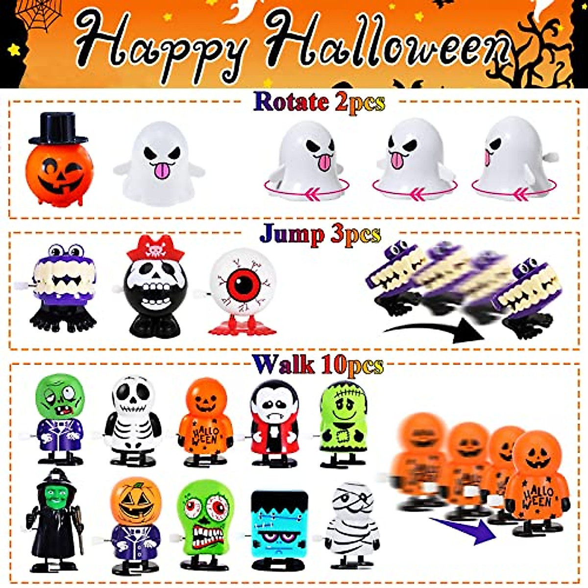 Dokeawo Halloween Wind Up Toys, 15 Pcs Halloween Toys Halloween Goody Bag Filler Novelty Jumping and Walking Toys Trick or Treat Bags Supply for Child Kids Party Favors
