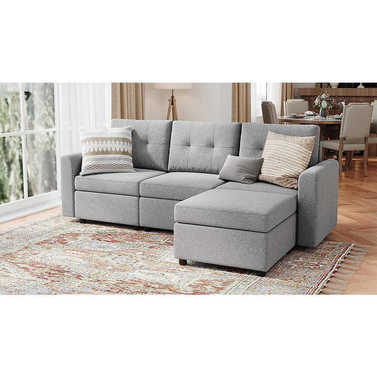 LINSY HOME Rubik III 3 Seats Sofa Set, Deep Seat Modular Sectional Sofa, Modern Sofa Couch with Storage Seats & Removable Cover, 3 Seater with 1 Ottoman Convertible Sofa, Light Grey, L Shaped