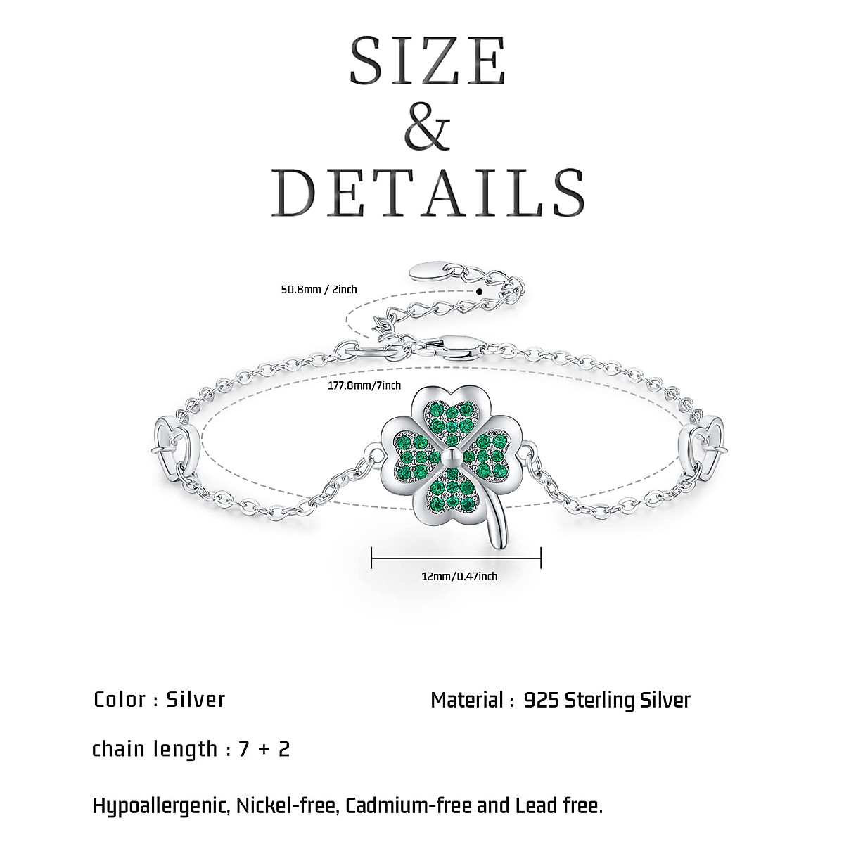 Midir&Etain Four Leaf Clover Bracelet 925 Sterling Silver St Patricks Day Irish Jewelry Gifts Prom Crystal Heart Bracelet for Lover Women Wife