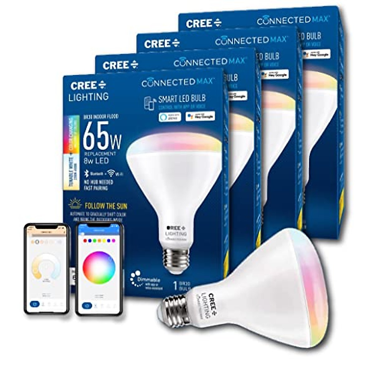 Cree Lighting Connected Max Smart Led Bulb Br30 Indoor Flood Tunable White + Color Changing, 2.4 Ghz, Compatible with Alexa and Google Home, No Hub Required, Bluetooth + WiFi, 4Pk