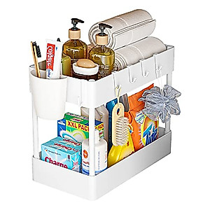 Under Sink Organizer, AIYAKA 2 Tier Storage Rack, Under Cabinet Organizer Baskets with 6 Hooks and 1 Cup for Bathroom Kitchen Pantry Bedroom, White