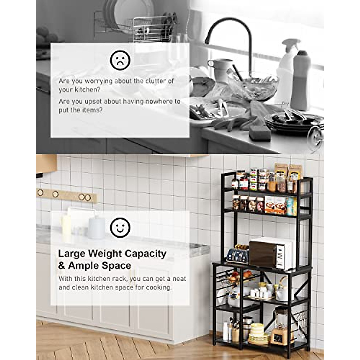 Gizoon Home Kitchen Baker's Rack with Spacious Storage, 5 Tier Versatile Microwave Stand Shelf with Basket & Side Hooks,Free Standing, Sturdy, Durable-Black