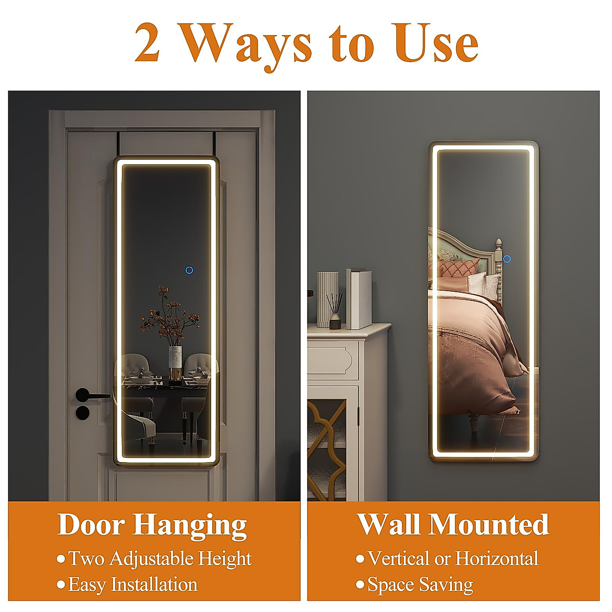 NeuType Full Length Mirror with Lights, 47"x16" LED Full Length Mirror, Over The Door Lighted Mirror with 2 Hangers, Dimmable Brightness & 3 Color, Wall Mirror for Bedroom, No Battery Required, White