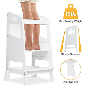 Wooden Toddler Tower for Learning,GAOMON Toddler Step Stool for Bathroom Sink&Kitchen Counter,Toddler Tower with Anti-tip Feet,Kitchen Little Helper Stool for Children,White