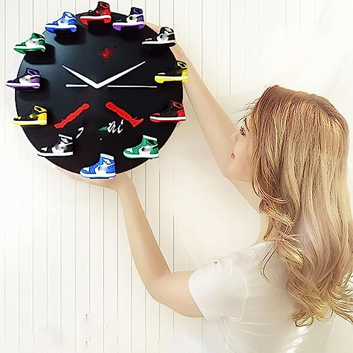 JAMCHE Sports Style Wall Clock with 3D Basketball Shoes, Fashion Sneaker Clock Home Decoration 12 Inch Home Decor Unique Art Handmade Clock for Boys and Girls Who Love Sneaker Style