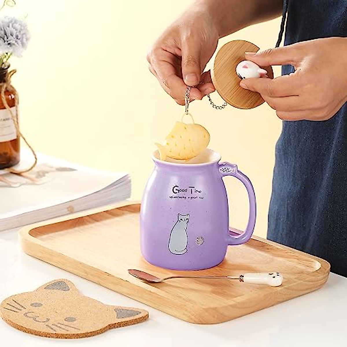 BigNoseDeer Kawaii Tea Cup Cute Cat Mug Purple Gifts for Women Christmas Gifts Ceramic Coffee Mug Tea Cup with Infuser and Lid Spoon Coaster Cute Stuff Cat Gifts Birthday Gifts Christmas Mugs 13oz