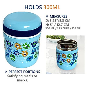 Thermos for Hot Food, Kids Lunch Insulated Stainless Steel Wide Mouth Jar, Boys Soup Container, Toddlers Day Care Pre-School, Leakproof Easy Grip Thermal Vacuum Seal 10 oz 300 ML (Blue Mini Monster)