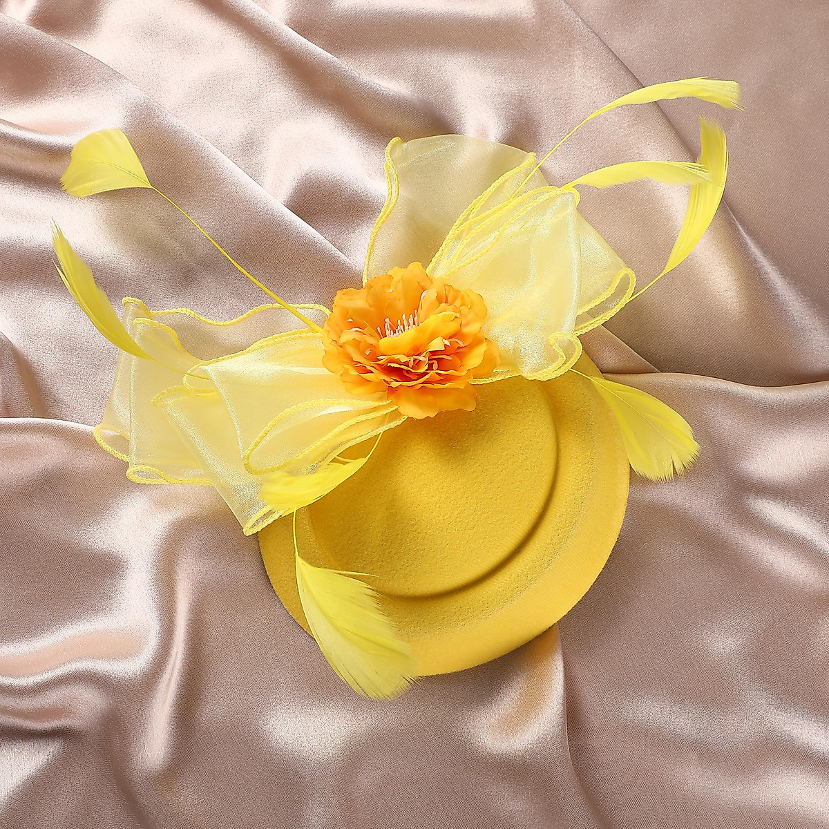 Zinniday Yellow Feathers Veil Fascinators - 50s Cute Flower Headwear Tea Party Hats Artificial Floral Hat Decor with Hair Clip for Women Girls