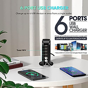 Charging Station for Multiple Devices, USB Charging Hub 30W 6 Port Fast Charging Station, Multiport Wall Charger Quick Charge 2.1A Tower Power Adapter