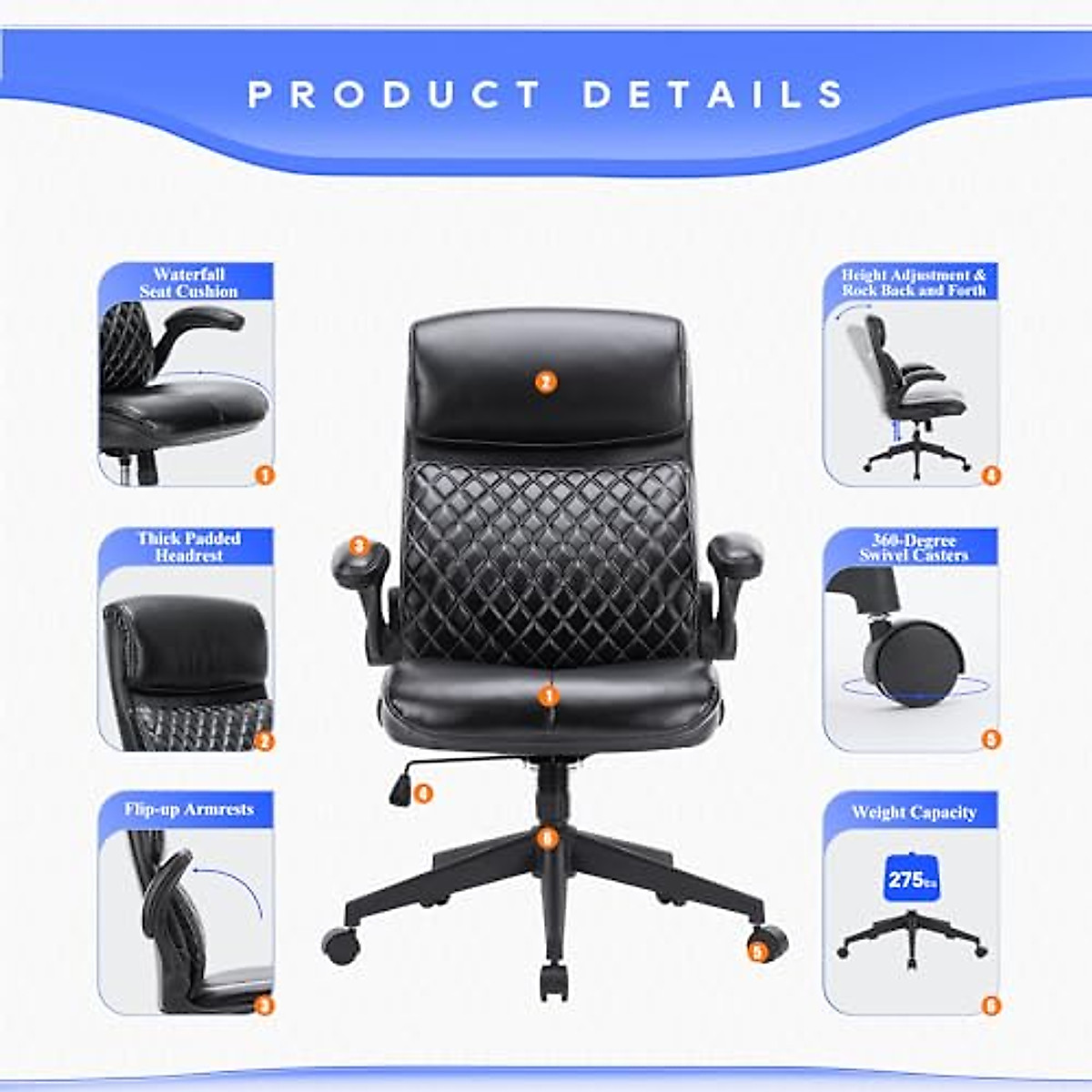 COLAMY Ergonomic Office Chair, Executive Desk Chair, Leather Office Chair with Padded Flip-up Arms, Adjustable Height Swivel Rolling Work Chair-Black