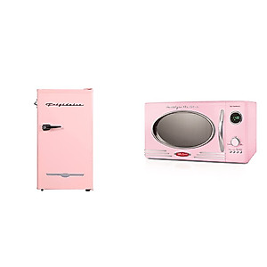 FRIGIDAIRE EFR376 Retro Bar Fridge Refrigerator with Side Bottle Opener, 3.2 cu. Ft, Pink/Coral & Nostalgia Retro Countertop Microwave Oven, 0.9 Cu. Ft. 800-Watts with LED Digital Display, Cu.Ft, Pink
