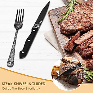 EUIRIO 36-Piece Black Silverware Set with Steak Knives, Black Flatware Set for 6, Stainless Steel Mirror Cutlery Set, Spoons Forks Knives Set with Unique Floral Laser, Eating Utensils, Dishwasher Safe