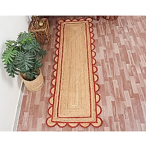 2x3, 2x4, 2x5, 2x6 Ft, Braided Scalloped Jute Rug, Red Scallop Rug, Boho Rug, Natural Jute Rug, Bohemian Rug, Jute Area Rug, Handwoven Jute Rug, Custom Size Rug (2x3 Ft, Area Rug)