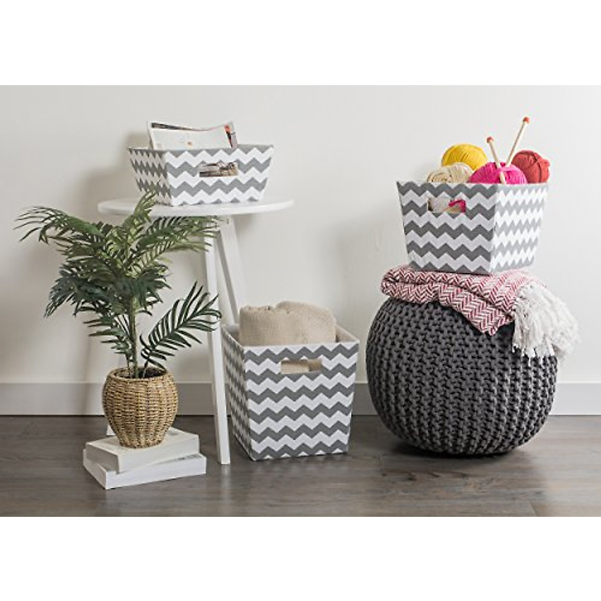 DII Hardsided Polyester Trapezoid Storage Bin, Chevron, Gray, Medium