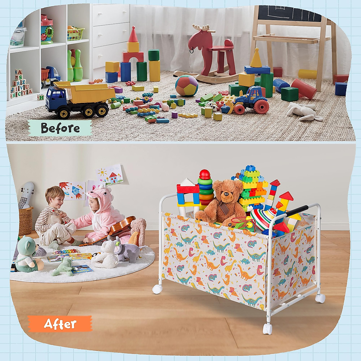 STORAGEIDEAS Large Toy Box Cart with Wheels, Sturdy Kids Toy Storage Organizer, Toy Chest Storage Bins Baskets for Boys, Girls in Living Room, Nursery, Playroom, Bedroom, 1 Large Section, Dinosaur