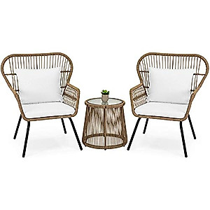Barton 3 Pieces Bistro Chair Set w/Glass Table Beige Outdoor Patio Furniture Wicker Rattan Modern Conversation Chat Seating