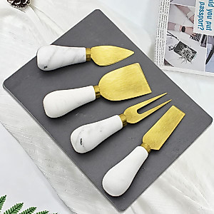 Funland 4PCs Gold Cheese Knife Spreader Set, Cute Butter Knife Slicer with Marble Handle, Cheese Spredering, Fruit Fork and Spatula for Jams - Cheese Board Accessories for Holiday, Weddings, Parties