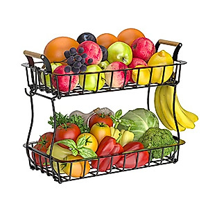 OKZEST 2 Tier Fruit Basket with 2 Banana Hangers, Vegetable Fruit Basket Bowl for Kitchen Countertop, Metal Fruit Storage Stand Holder Organizer for Bread Snack Potato Onion Produce