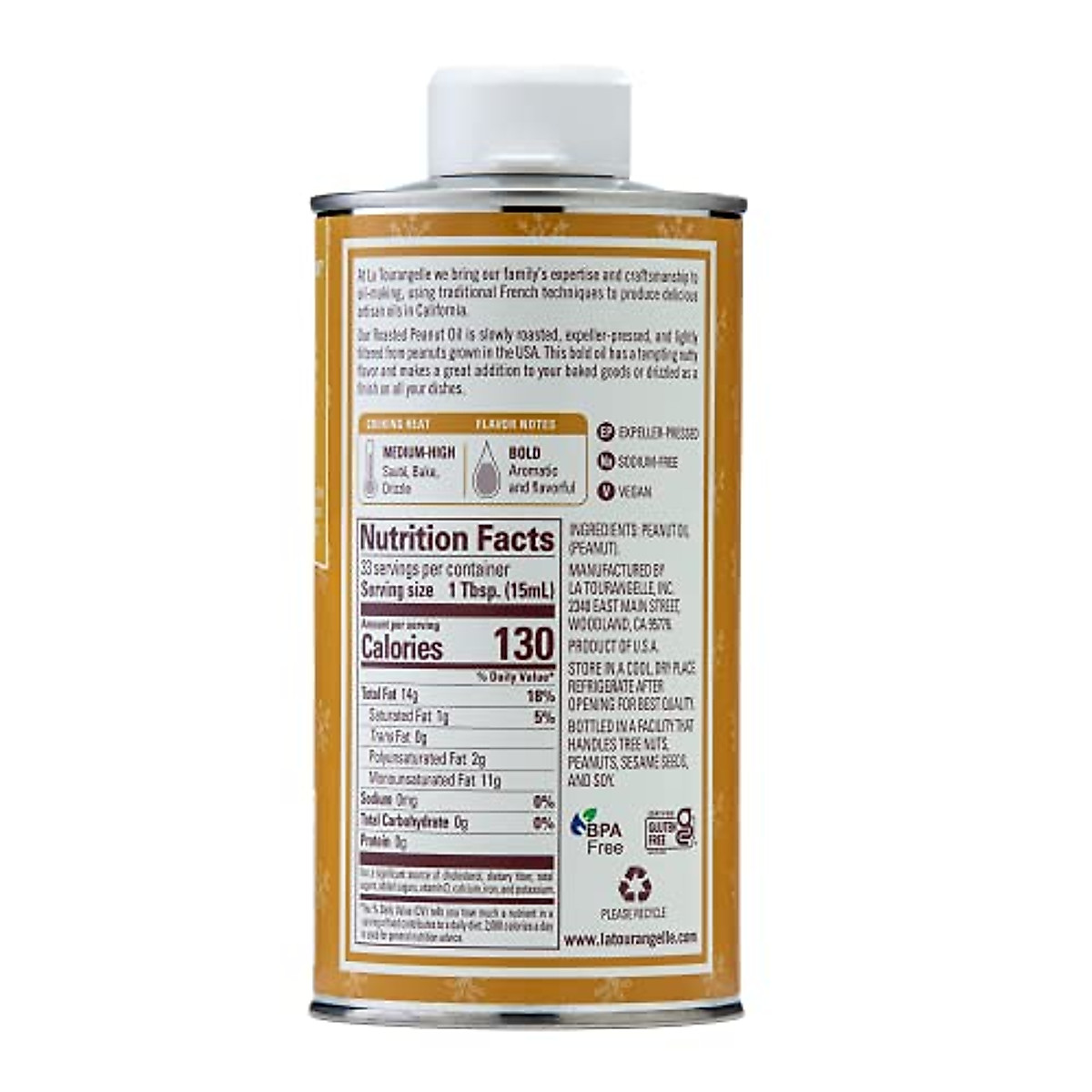 La Tourangelle, Roasted Peanut Oil, Slow Roasted Expeller-Pressed for Rich Flavor, Perfect for Cooking & Baking, Med-High Heat, Unrefined, Small Batch Production in USA, 16.9 fl oz