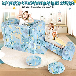 Olasme 13PCS Kids Play Couch, Foam Modular Kids Couch Sofa, Glowing Toddler Couch Convertible Baby Play Couch Children Sofa for Playroom Bedroom (Blue)