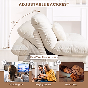ASAHREE 72'' Corduroy Futon Convertible Sofa Couch,Comfy Sleeper Sofa Bed with Adjustable Backrest, Modern Futon Loveseat for Living Room, Bedroom, Office, Apartment, Dorm, White