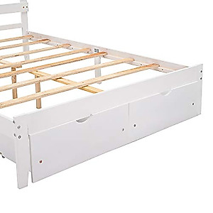 LCH Queen Size Murphy Bed with Storage Drawer and Little Shelves on Each Side, Solid Wood Queen Platform Bed Frame for Kids Teens Adults, No Box Spring Needed (White)