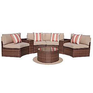 SUNSITT 7 Pieces Patio Furniture Set Outdoor Half-Moon Sectional Set with Waterproof Sofa Cover, Brown PE Wicker & Beige Cushion