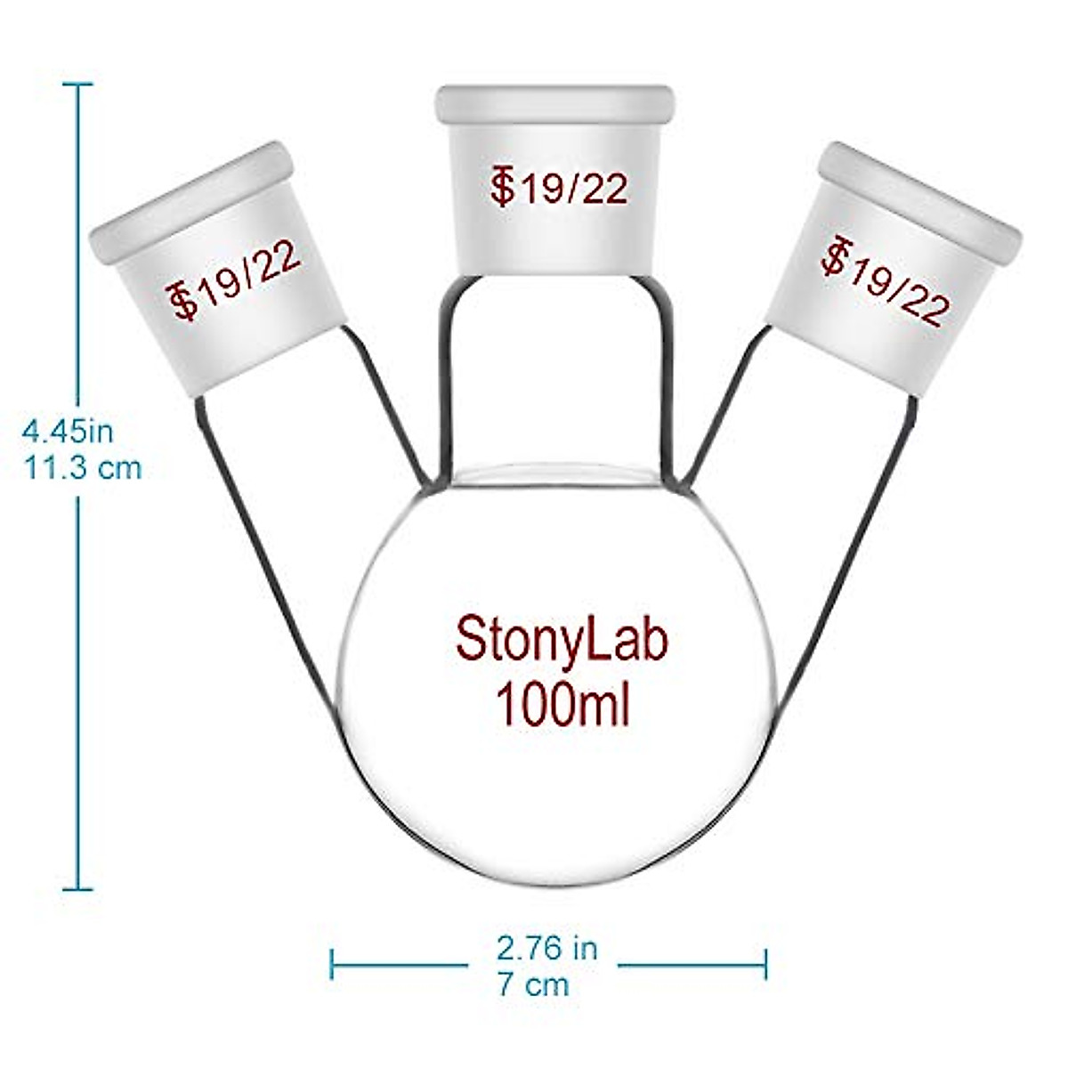 stonylab Glass 100 mL Heavy Wall 3 Neck Round Bottom Flask RBF, with 19/22 Center and Side Standard Taper Outer Joint, 100 mL