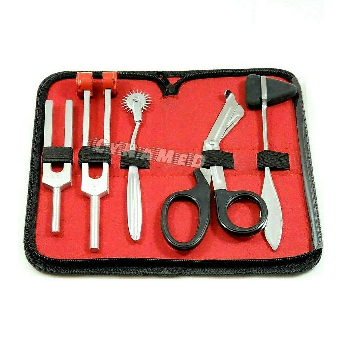New 5 Piece Student Diagnostic Kit - Reflex Taylor Hammer and Tuning Fork Set C 128 and C 512. Includes Wartenberg Pinwheel, Premium Steel Bandage Scissor 7.5” Black