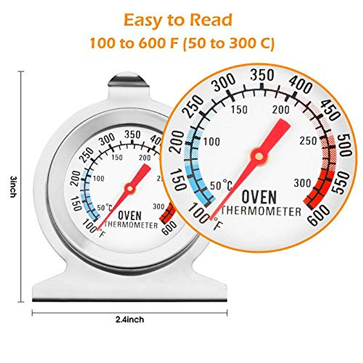 in Oven Thermometer for Grill Smoker BBQ 50-300°C/100-600°F, Instant Read Precision Stainless Steel Electric/Gas Oven Thermometers, Large Dial Display Thermometer Gauge for Kitchen Cooking Baking