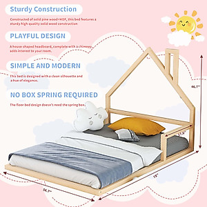 Floor Bed for Kids, Full Size Montessori Bed with House Shape Headboard and Railings, Wood House Bed with Slats for Boys Girls, Low to Ground Height, No Box Spring Needed, Natural