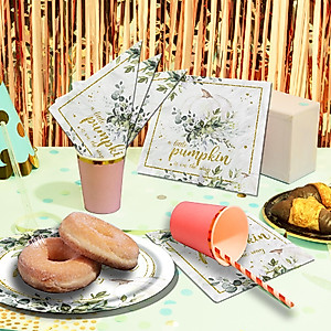 Little Pumpkin Baby Shower Decorations, A Sweet Little Pumpkin is On The Way Plates and Napkins Sage Greenery Eucalyptus Tableware Sets for Fall Baby Shower,Sage Green Birthday Supplies