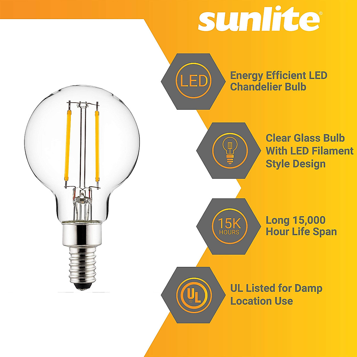 Sunlite 80757 LED G16.5 Filament Style Globe Light Bulb, 2.5 Watts (25W Equivalent), 250 lumens, Dimmable, Candelabra Base (E12), UL Listed, 3000K Warm White, 1 Count