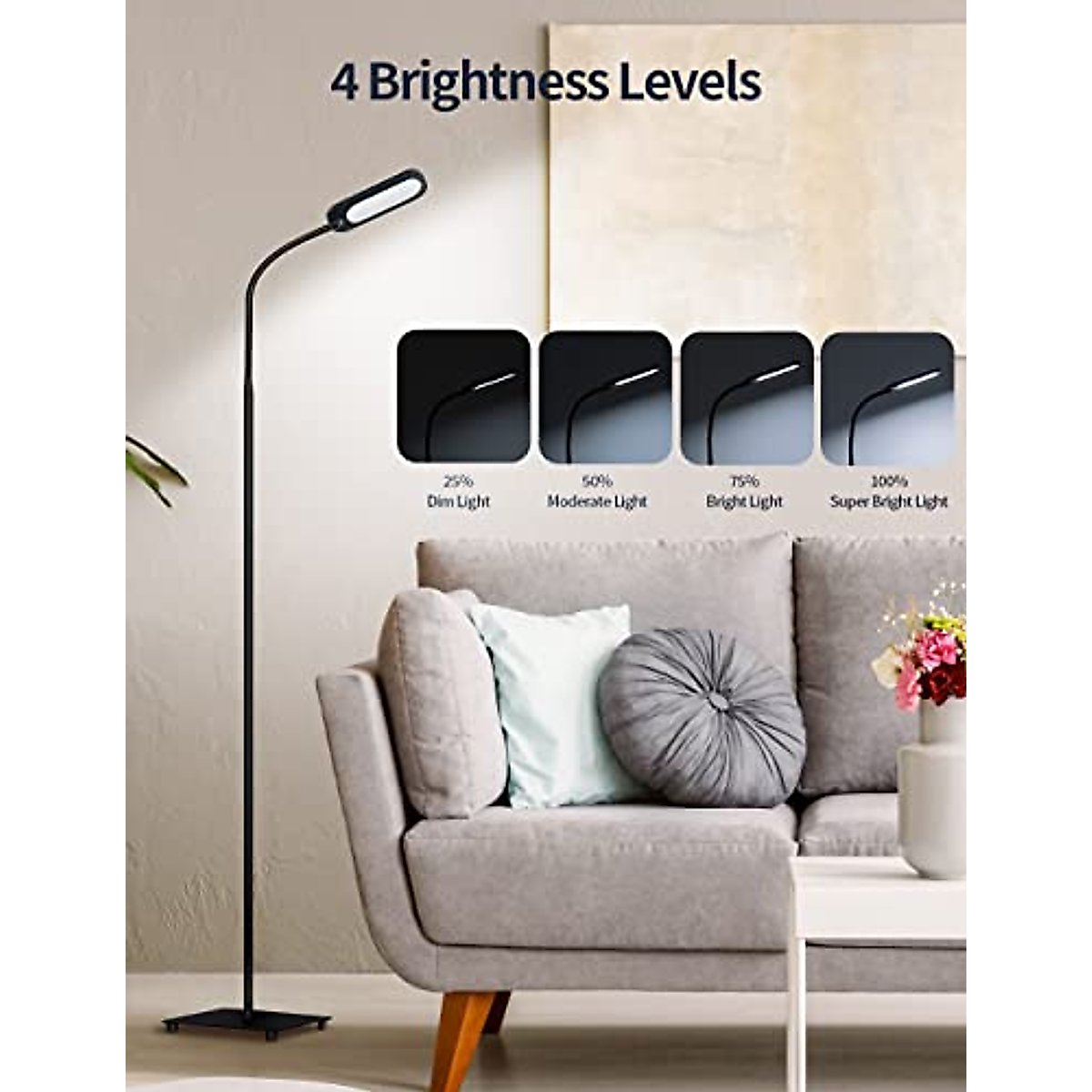 LED Floor Lamp, Standing Lamp with 5 Color Temperature/4 Brightness Levels, Modern Reading Lamp with Adjustable Gooseneck, Dimmable Touch Control Vertical Lamp for Bedroom and Living Room, Black