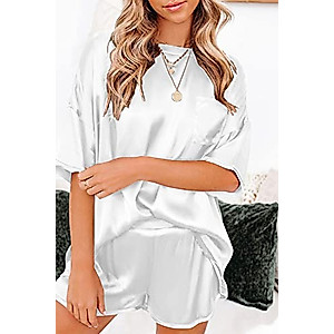 Ekouaer Silk Loungewear Set Short Sleeve Satin Sleepwear Top and Pajama Shorts Set Causal Pjs(Pure White, Medium)