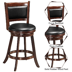 COSTWAY Bar Stools Set of 2, 360 Degree Swivel, Accent Wooden Swivel Seat Counter Height Bar Stool, Leather Upholstered Design, PVC Cushioned Seat, Perfect for Dining and Living Room (Height 24")