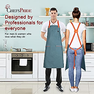 CHEFSPRIDE Professional Chef Apron for Men & Women - 100% Cotton Adjustable Kitchen Chef Apron with Cross Back & Tool Pockets, Emerald Green with Orange Straps