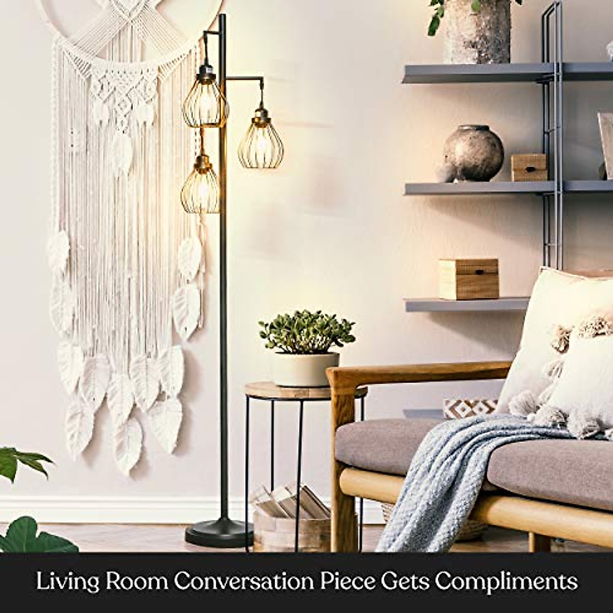 Brightech Teardrop LED Floor Lamp – Tree Standing Lamp with 3 Elegant Cage Heads & Edison Bulbs – Standing Lamp for Living Rooms & Offices – Tall Standing Lamp Ideal for Bedroom Reading – Black