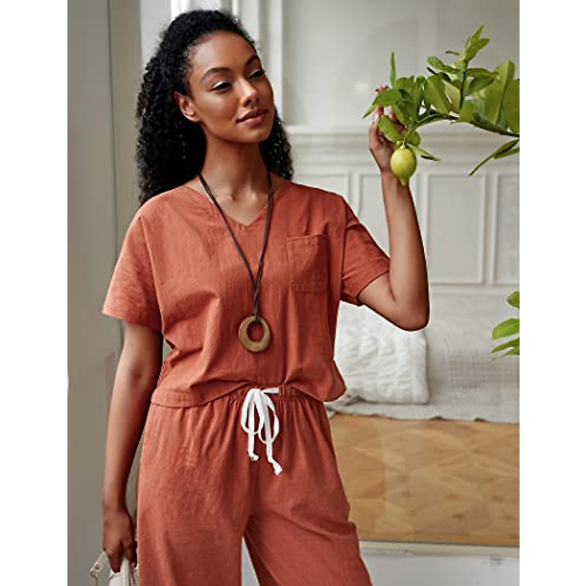 Ekouaer Women's 100% Cotton Linen Lounge Set Short Sleeve Top Wide Leg Pant Pajama Set Outfits,Clay,X-Large