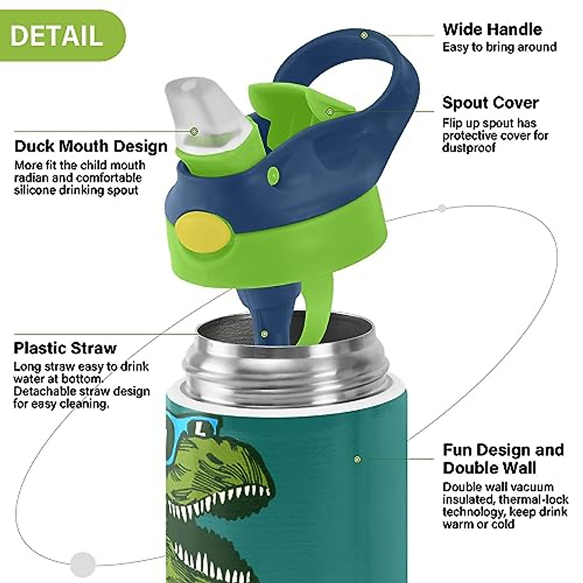 Kigai Green Dinosaur Glasses Kids Water Bottle, Insulated Stainless Steel Water Bottles with Straw Lid, 12 oz BPA-Free Leakproof Duck Mouth Thermos for Boys Girls