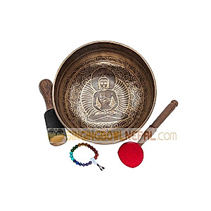 Singing Bowl Nepal-10" Buddha Carved Super Sound Tibetan Yoga Bowl ,Tibetan Handmade Singing Bowl for Meditation, Healing & Music Therapy