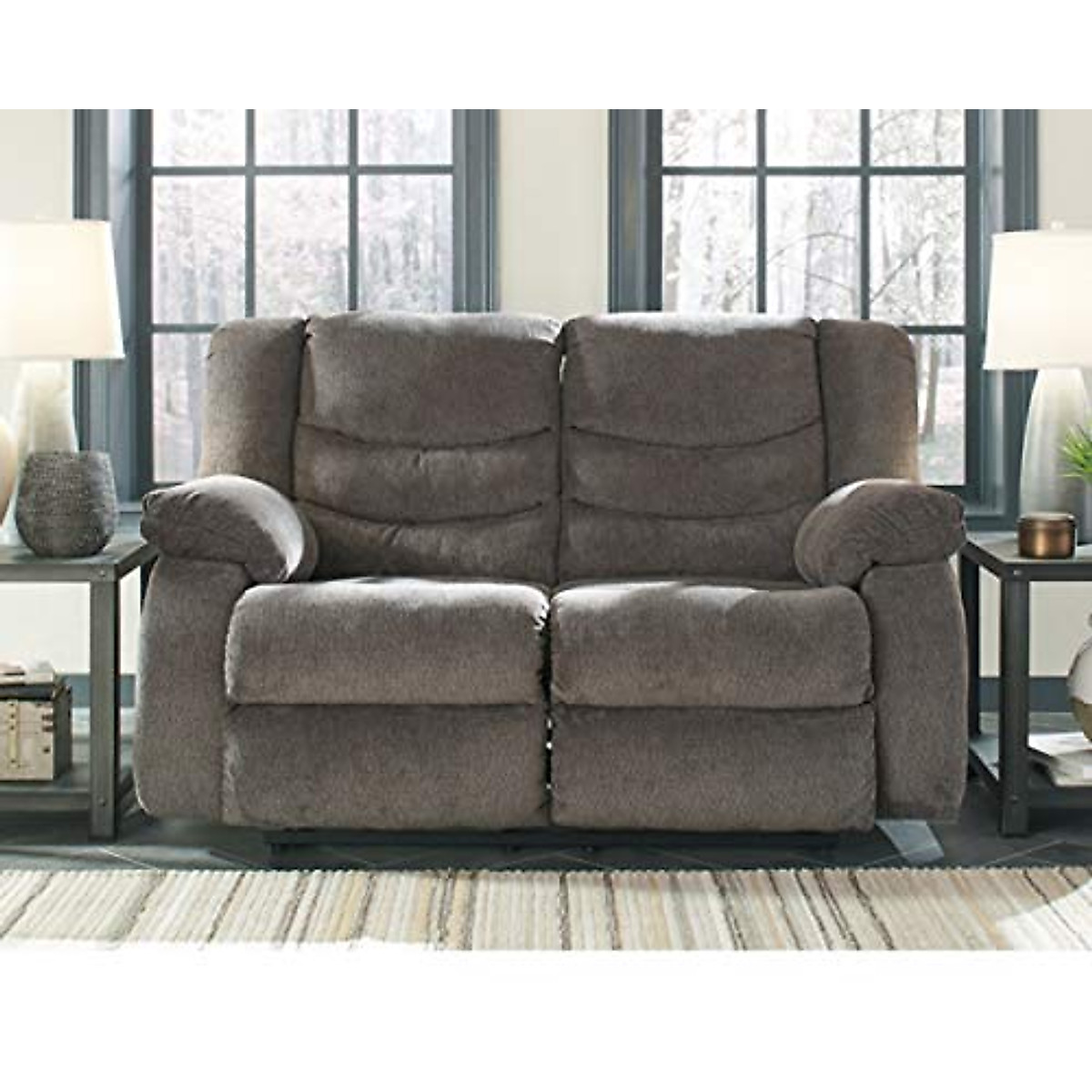 Signature Design by Ashley Tulen Modern Manual Pull Tab Reclining Loveseat, Dark Gray