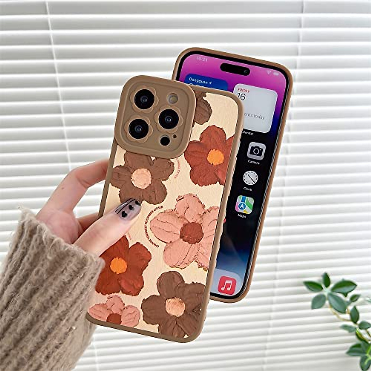 Cute Flower Camera Lens Phone Case for iPhone 14 Pro Cover Lovely Floral Side Frame Design Silicone Protective Cases for Apple 14 Pro - Brown